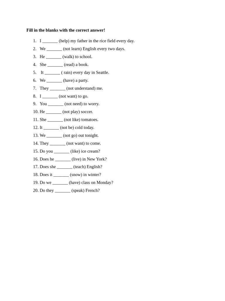 Pre Test and Post Test - Simple Present Tense | PDF