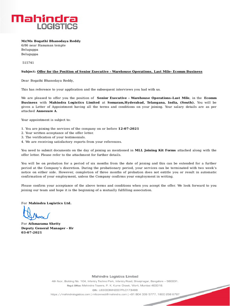 Bogathi Offer Letter | PDF | Labor | Business