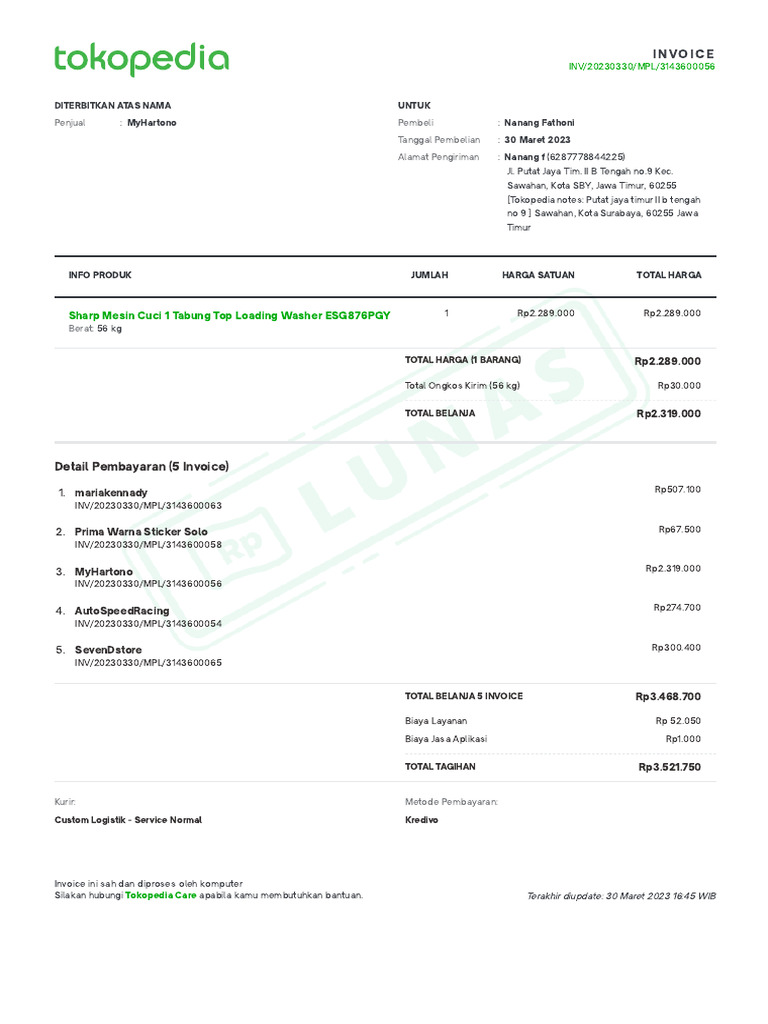 Nota Pembelian Mesin Cuci Sharp | PDF