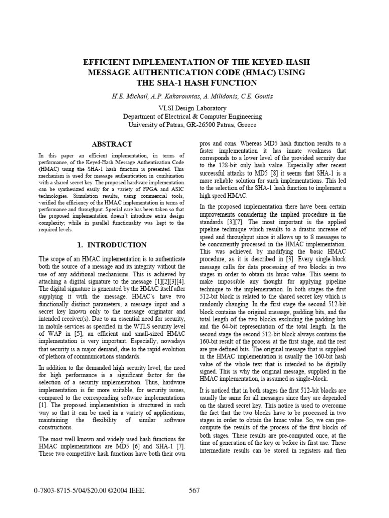 Efficient Implementation Of The Keyed Hash Using Sha 1 Pdf Cryptography Computer Engineering