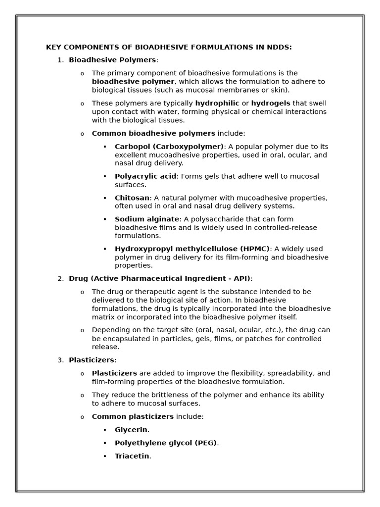 KEY COMPONENTS OF BIOADHESIVE FORMULATIONS IN NDDS | PDF ...