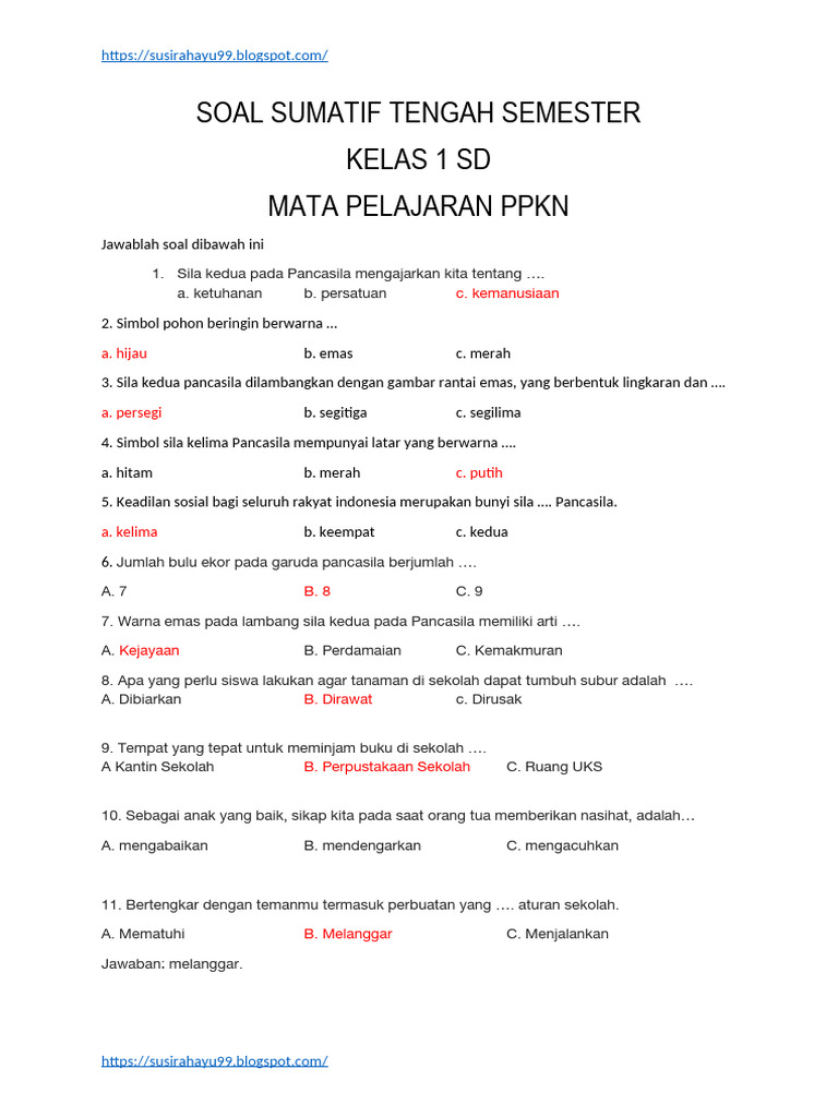 SOAL SUMATIF TENGAH SEMESTER PKN 1 Kelas 1 Kumer | PDF