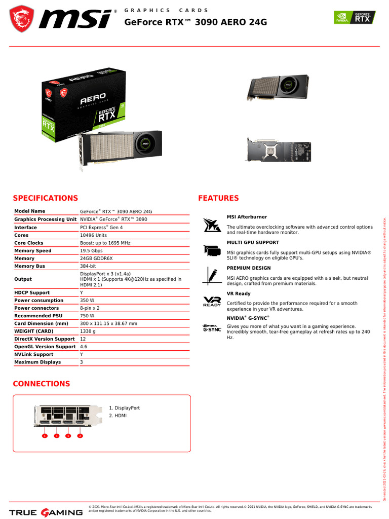 GeForce RTX 3090 AERO 24G Specs | PDF | Hdmi | Graphics Processing Unit