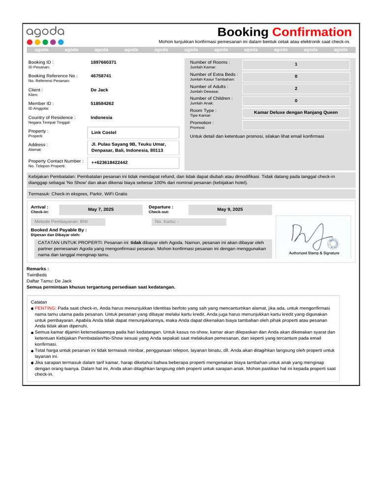 Confirmation For Booking ID # 1897660371 | PDF