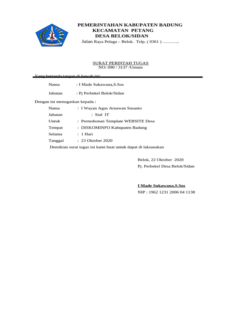 Surat Perintah Tugas AGUS IT | PDF