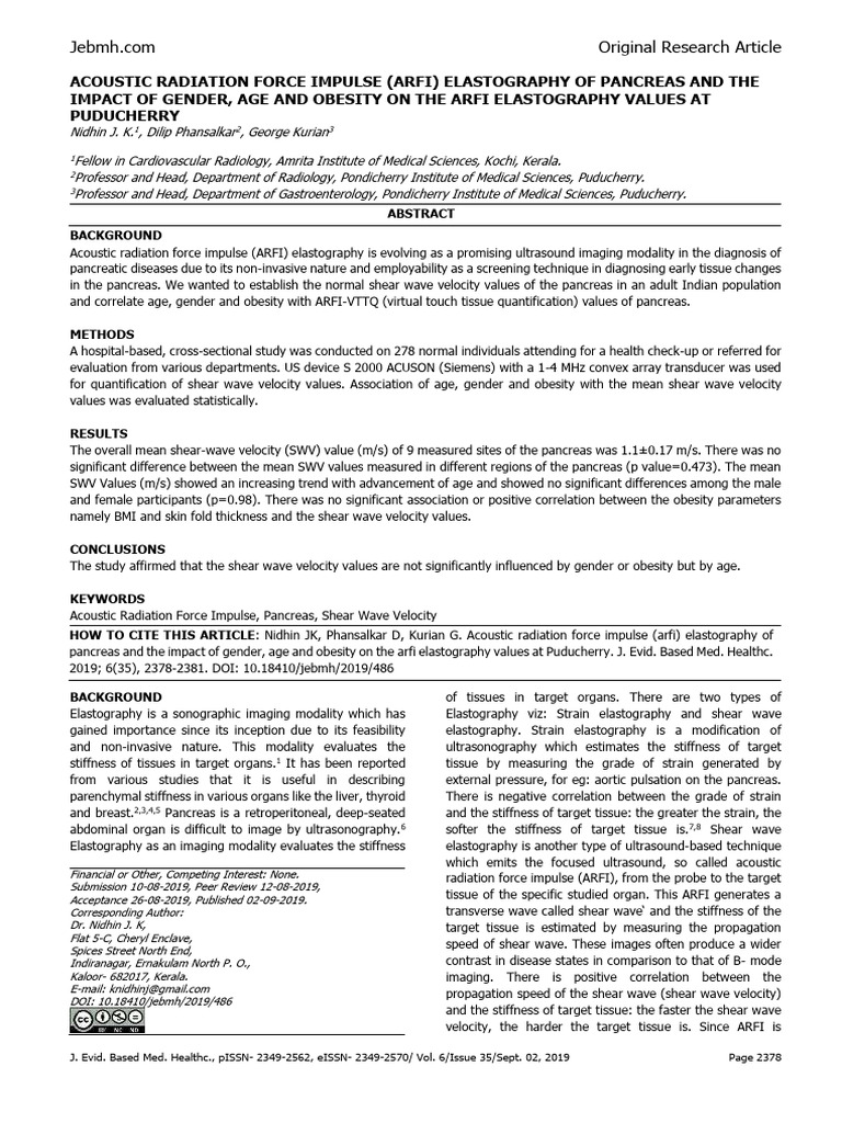 Acoustic Radiation Force Impulse Arfi Elastography of Pancreas and The ...