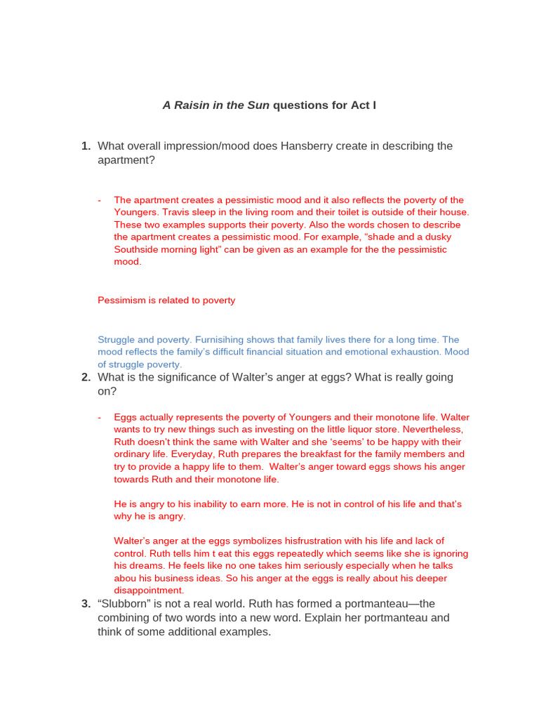 A Raisin in The Sun Questions For Act I | PDF | Mood (Psychology ...