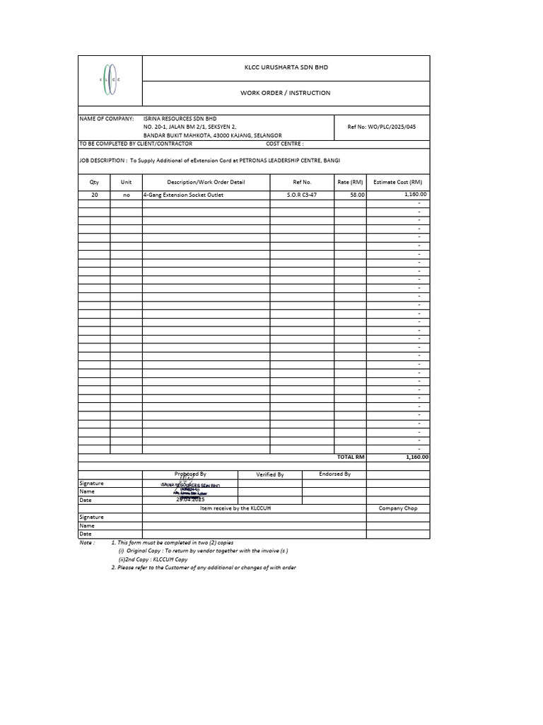 Work Order for Extension Cord Supply | PDF