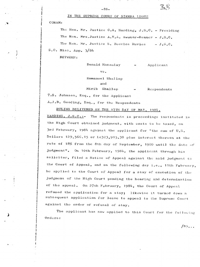 Donald Macaulay V Emmanuel Shallop (SC MISC APP 3 of 1984) 1984 SLSC 1 ...