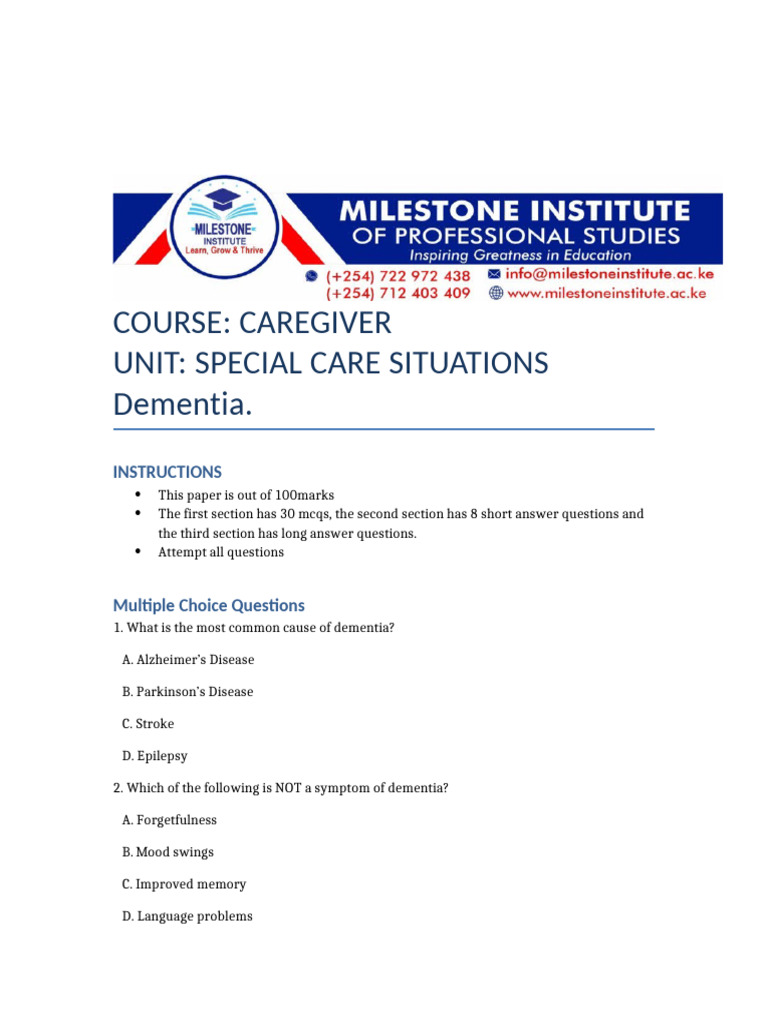 Dementia Assessment Questions | PDF | Dementia | Caregiver