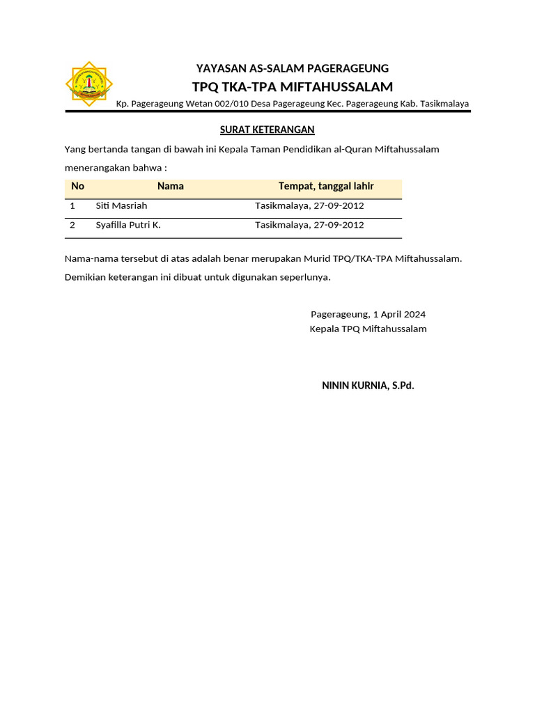 Ket. Murid TPQ Miftahussalam Lomba Nasyid | PDF
