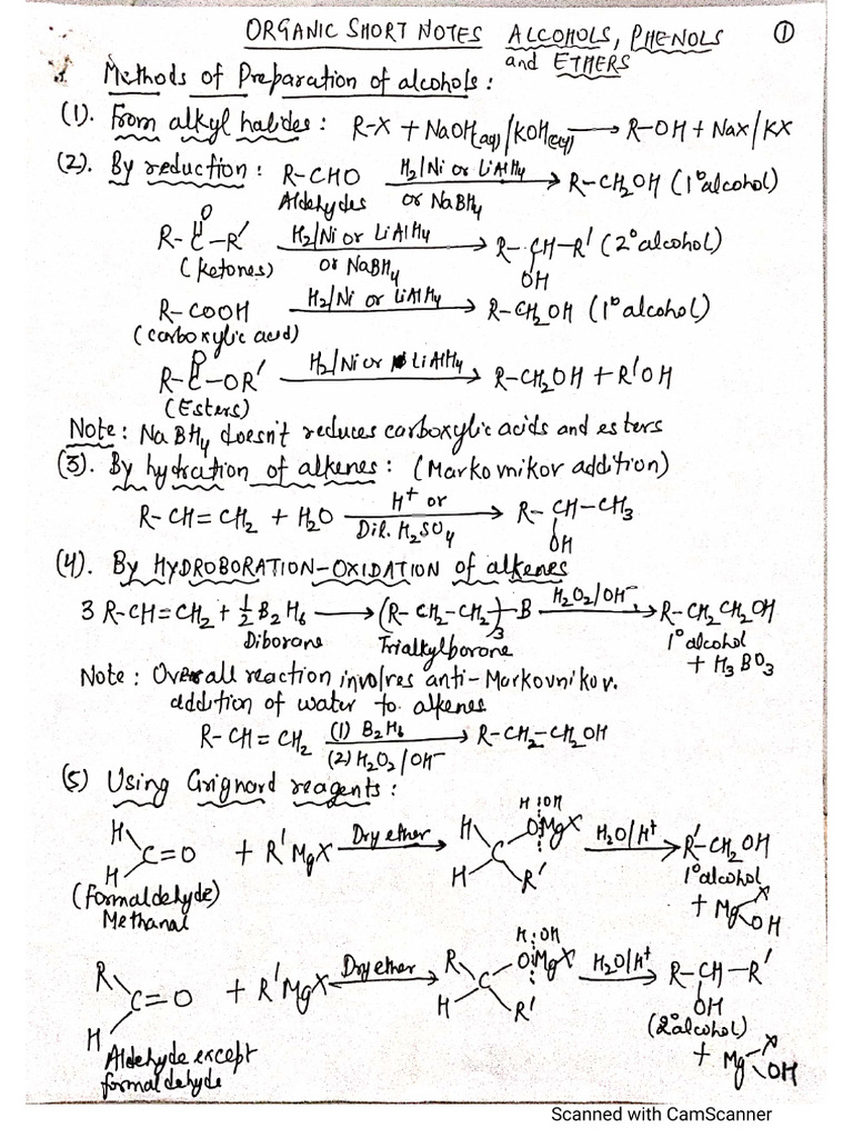 Class 12 Alcohols, Phenols & Ethers Short Notes | PDF