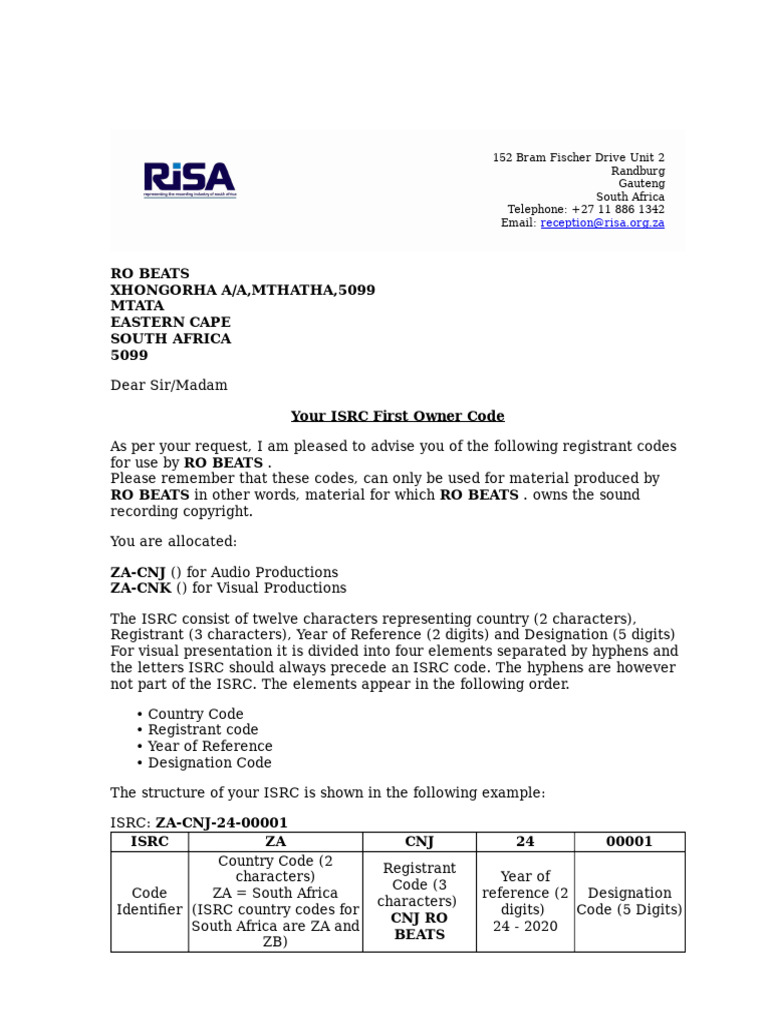 Isrc First Owner Code - Ro Beats | PDF | Written Communication