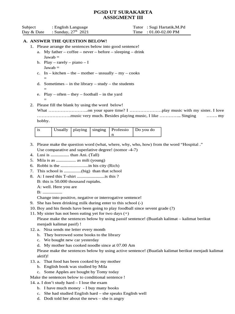 SOAL TT 3 sem 1 PGSD 2021 | PDF | Linguistics | Grammar