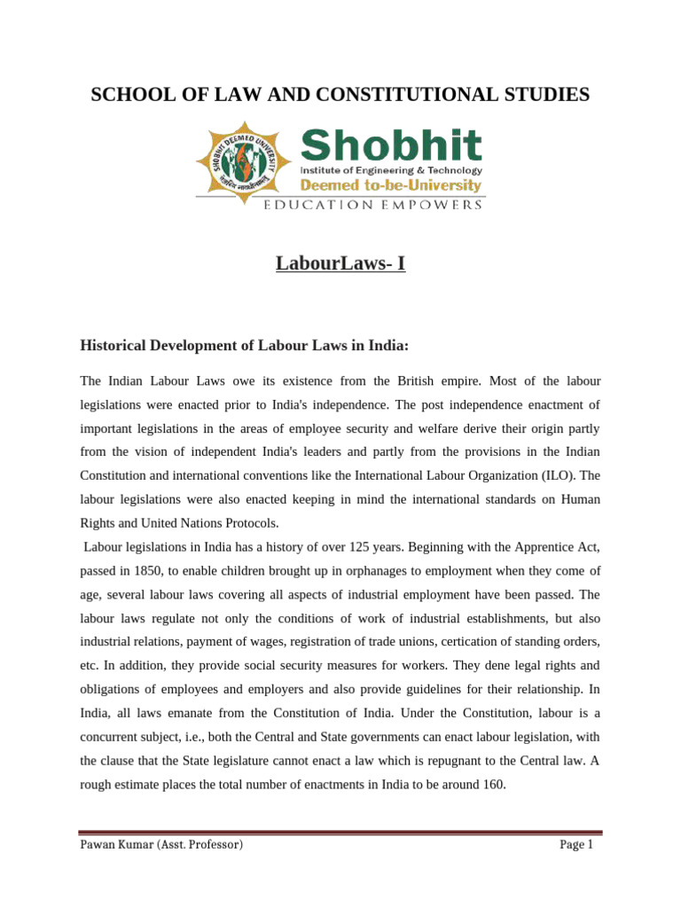 Notes On Labour Law - I | PDF | Labour Law | Employment