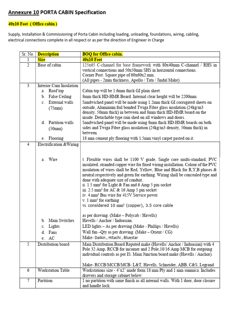 Porta Cabin Design and Specifications | PDF | Electrical Wiring | Flooring