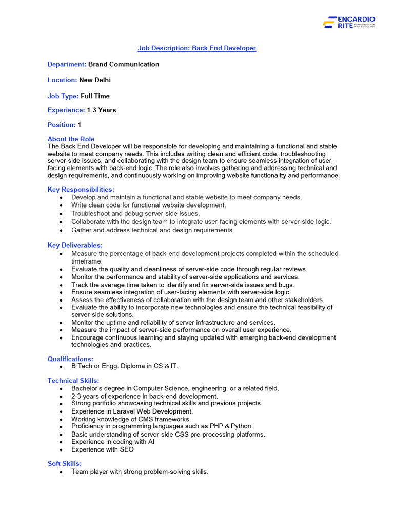 JD Backend Developer - Updated | PDF | Client–Server Model | Web Development