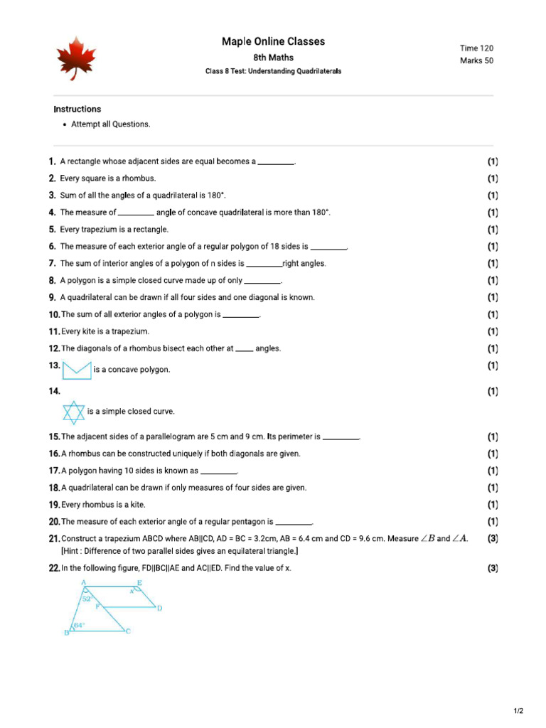 9880Class 8 Understanding Quadrilaterals Question Paper_3 | PDF