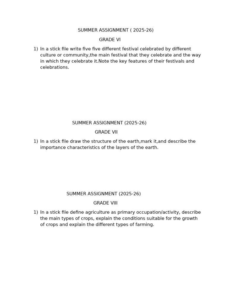 Summer Assignment of Grade 6,7,&8 2025-26 | PDF