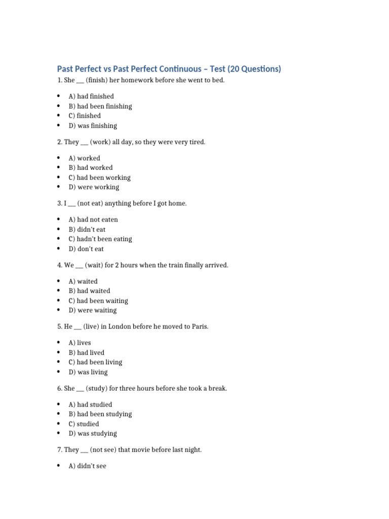 Past Perfect vs Continuous Test: 20 Qs | PDF