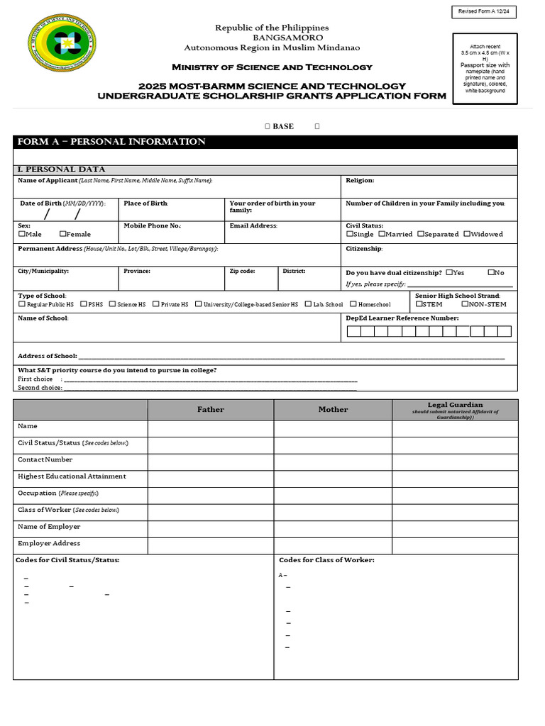 MOST-BARMM Scholarship Application Form | PDF