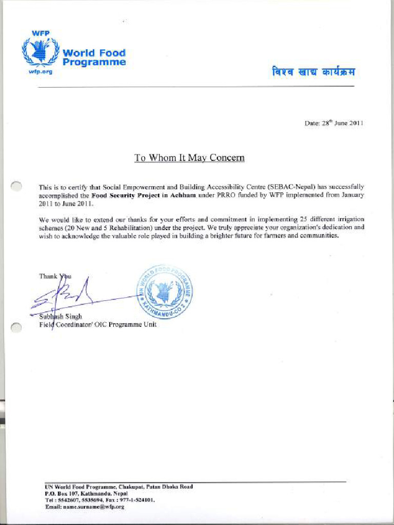 Experience Letter - WFP - FSP Achham - Compressed | PDF