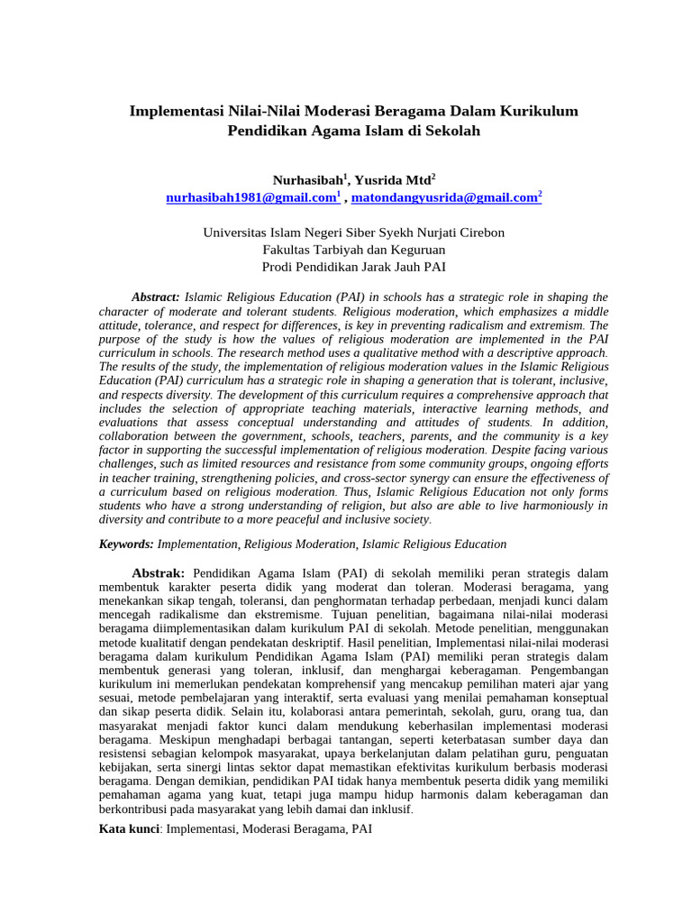 JURNAL - Implementasi Nilai-Nilai Moderasi Beragama Dalam Kurikulum Pendidikan Agama Islam Di ...
