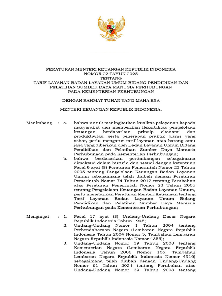 PMK 22 Tahun 2025 Tarif Blu BPSDMP | PDF