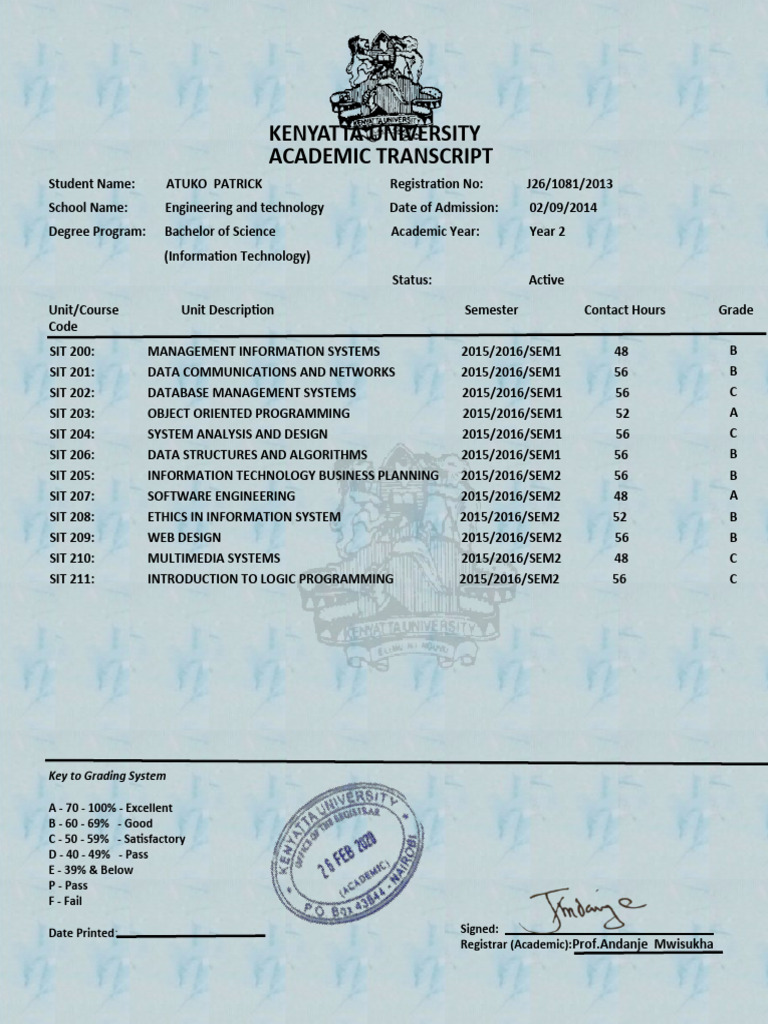 Kenyatta University Transcript: Atuko Patrick | PDF