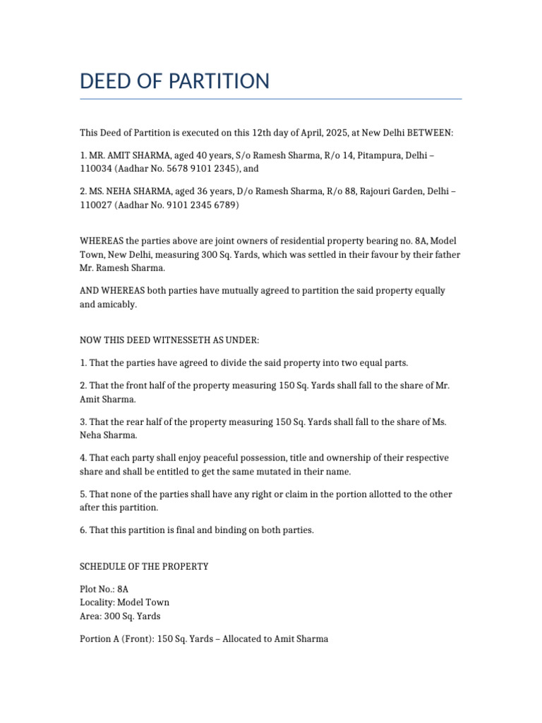 Deed of Partition Hypothetical | PDF
