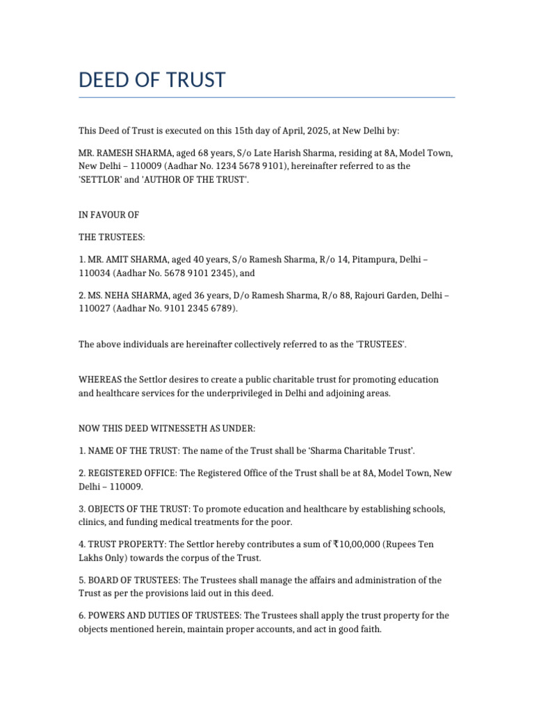 Sharma Charitable Trust Deed 2025 | PDF