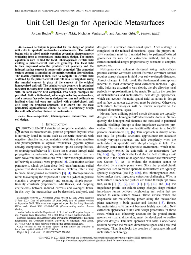 Unit Cell Design For Aperiodic Metasurfaces | PDF | Metamaterial | Matrix (Mathematics)
