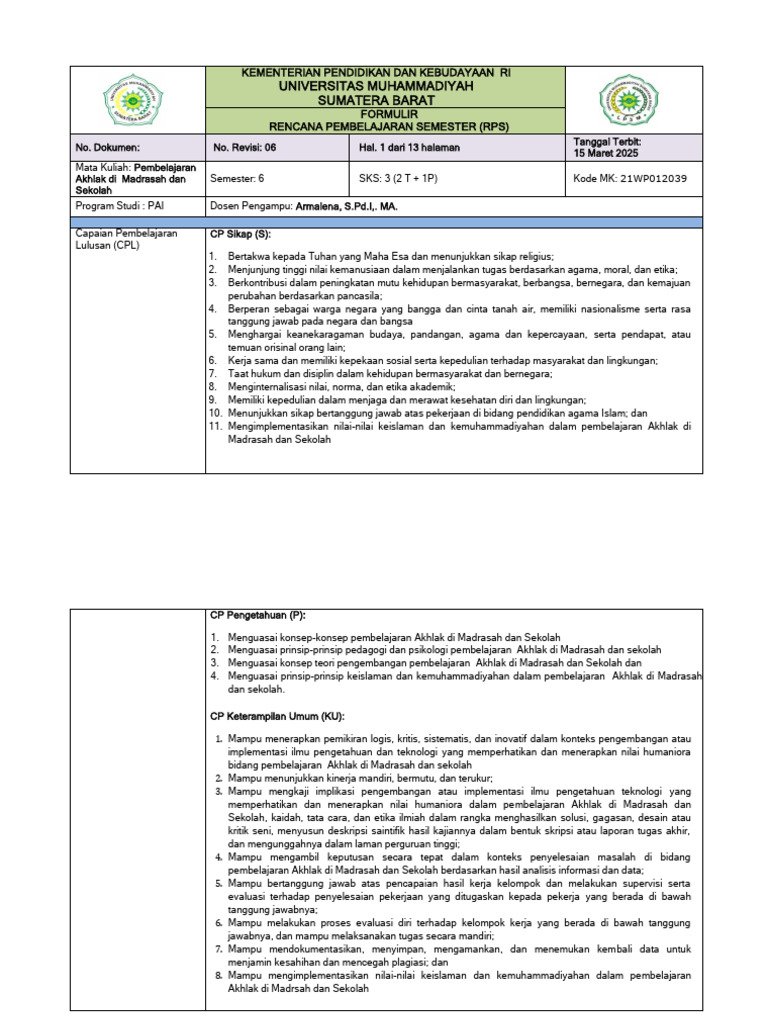 RPS Mata Kuliah Pembelajaran Akhlak | PDF