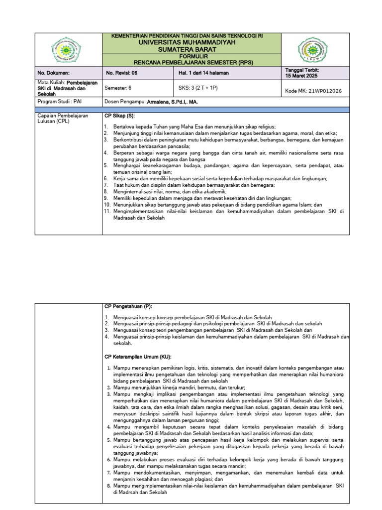 RPS Mata Kuliah Pembelajaran SKI (1) | PDF