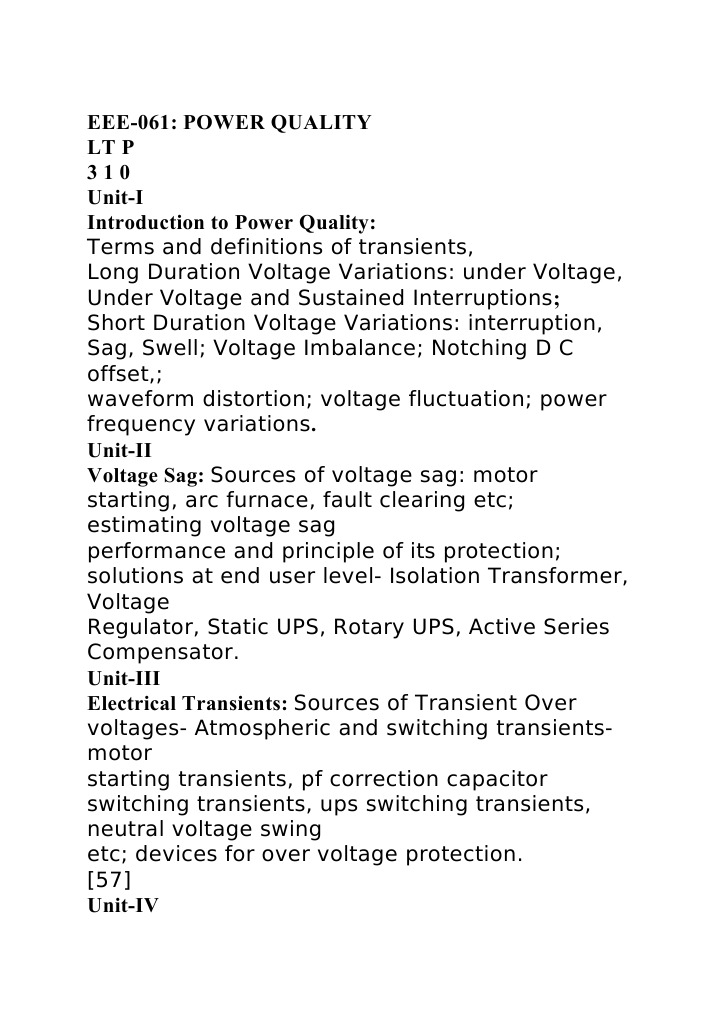Eee 061 Power Quality Ltp 3 1 0 Unit I Introduction To Power Quality