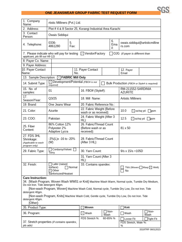 SARDINIA AZURITE Test Request Form 06.01.2023 | PDF | Dyeing | Textiles