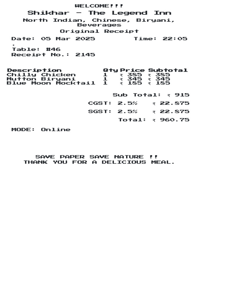 Restaurant Bill Format Example | PDF