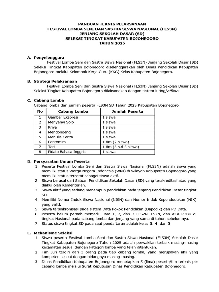 Panduan Teknis Pelaksanaan FLS3N SD 2025 Kab - Bojonegoro | PDF