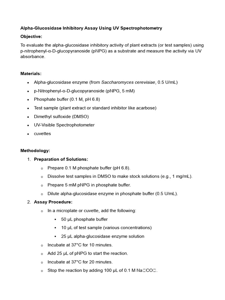 Alpha-Glucosidase Inhibitory Assay Using UV Spectrophotometry | PDF