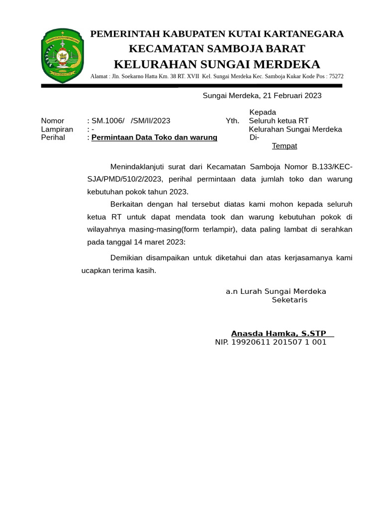 Surat Data Toko Dan Warung | PDF