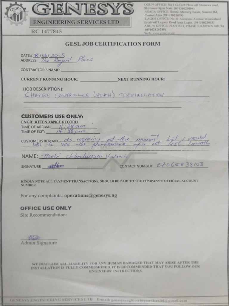 Job Completed Form | PDF