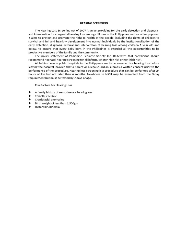 Hearing Loss Screening in Infants | PDF