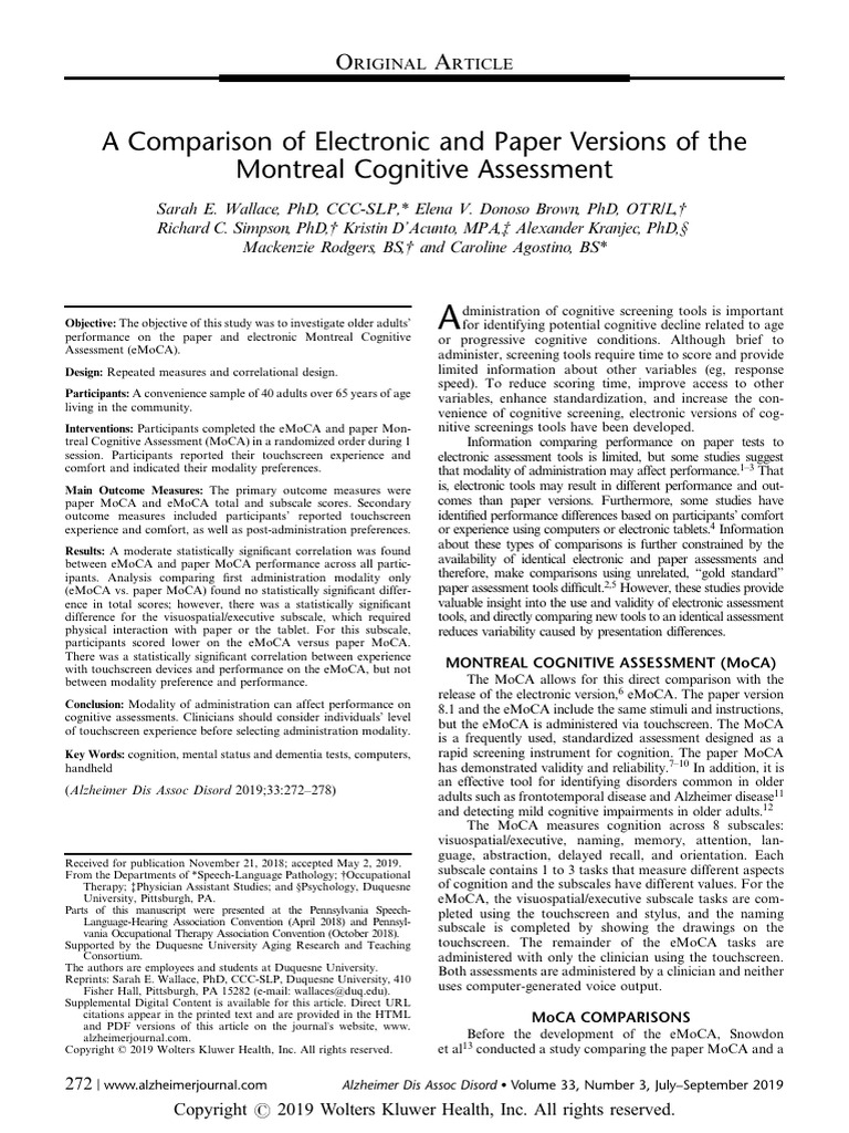 A Comparison of Electronic and Paper Versions of the Montreal Cognitive ...