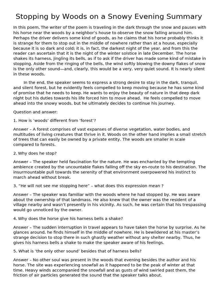 Stopping by Woods on a Snowy Evening Summary | PDF