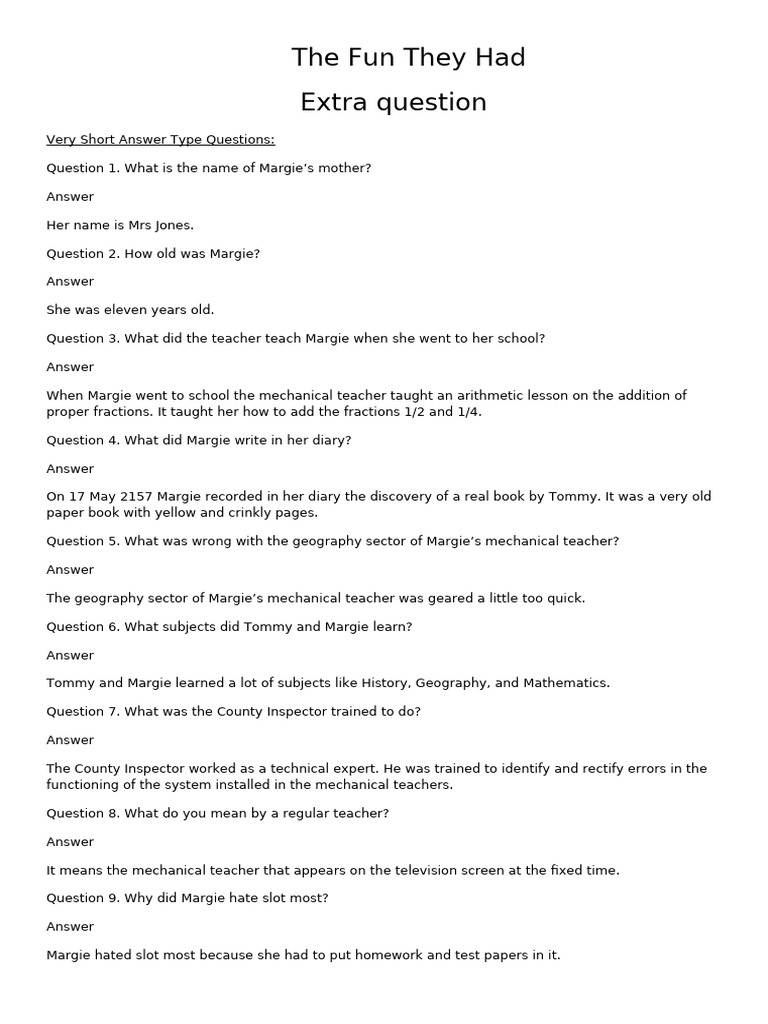 The Fun They Had Extra Question | PDF | Books | Teachers