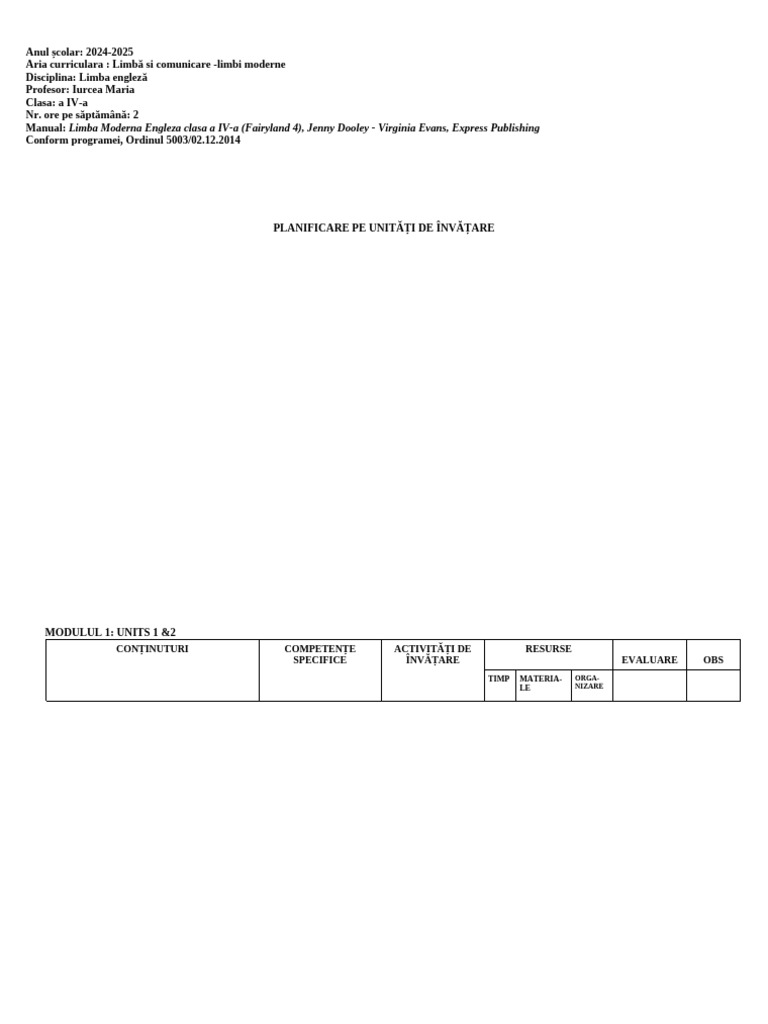 Planificari unitati de invatare Fairyland 4.1 | PDF | Linguistic Typology | Languages