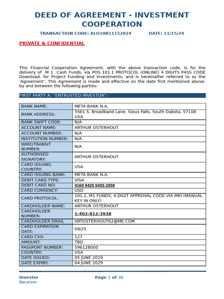 Arthur Osterhout m1 101.1 Pos Agreement 11152024 | PDF | Wire Transfer ...