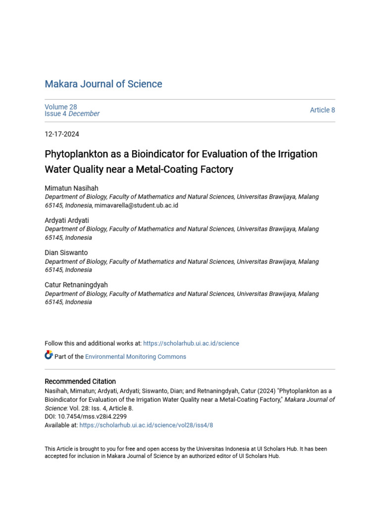 Phytoplankton As A Bioindicator For Evaluation of The Irrigation | PDF ...