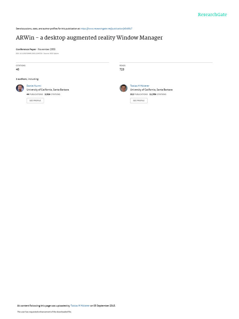 ARWin - A Desktop Augmented Reality Window Manager | PDF | Augmented Reality | 3 D Computer Graphics