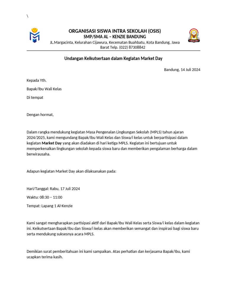 Surat Undangan Market Day | PDF